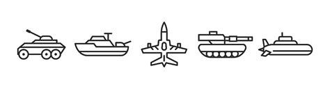 군용 차량 아이콘입니다 탱크 잠수함 군함 공군 흰색 배경에 고립 된 장갑차 아이콘 웹 디자인 응용 프로그램 인터페이스에 대한