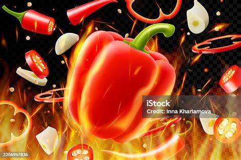 피망 마늘 칠리 페퍼 불 배경 배경 어두운 배경에 날고 야채를 태우고 있습니다 빨간 칠리 고추 튀기 3d 일러스트 레이 션에서 사실적인 벡터 3차원 형태에 대한 스톡 벡터