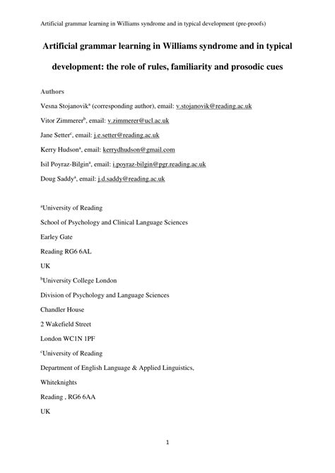 Pdf Artificial Grammar Learning In Williams Syndrome And In Typical Development The Role Of