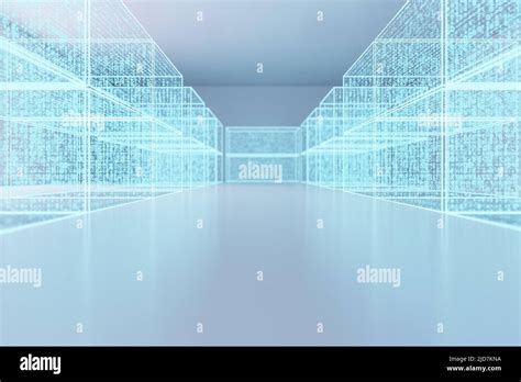 Virtual Reality Cyberspace Environment Concept With Data Storage Visualization In Abstract Hall