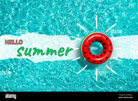 Hello Summer Text And Swimming Pool With Inflatable Ring Topview Stock