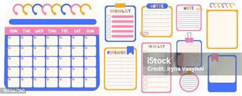 Kawaii 달력 할 일 목록 체크리스트 알림 및 주최자를 위한 메모 플래너를 위한 백지 메모 템플릿 또는 귀여운 스티커 세트