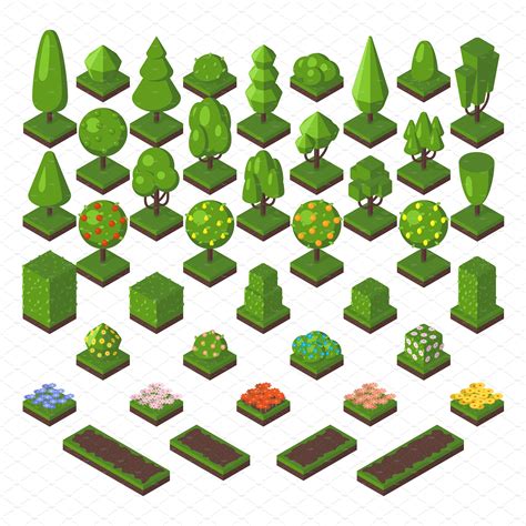 Green Isometric Tree Vector Set For Eco Concept