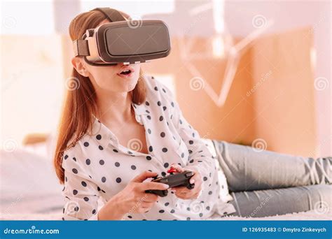 Pretty Woman Holding Gamepad Playing Computer Games Stock Image Image Of Play Home
