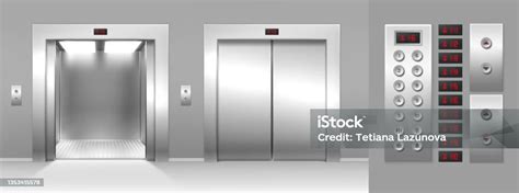 현실적인 오픈 및 닫기 엘리베이터 버튼 및 바닥 번호 표시 3d 리프트 금속 게이트 및 내부 패널 화물 엘리베이터 객실 벡터 세트 엘리베이터에 대한 스톡 벡터 아트 및 기타