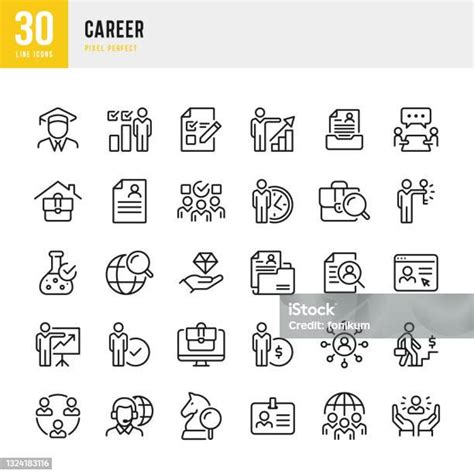 커리어 얇은 선 벡터 아이콘 세트 픽셀 완벽 이 세트에는 경력 개인 성장 기술 팀워크 설문지 면접 의 아이콘이 포함되어 있습니다 아이콘에 대한 스톡 벡터 아트 및 기타