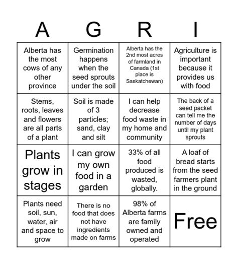 classroom ag program bingo card