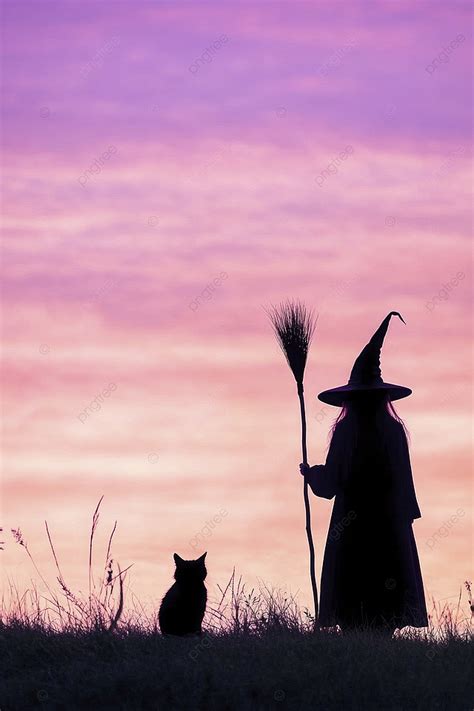 일몰 하늘을 배경으로 빗자루와 고양이와 함께 서 있는 마녀의 실루엣 배경 화면 및 일러스트 무료 다운로드 Pngtree