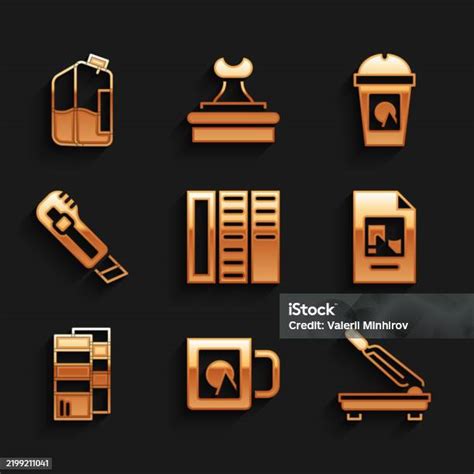 브로셔 커피 컵 종이 커터 파일 문서 Pantone 문구 칼 이동 및 프린터 잉크 병 아이콘을 설정합니다 벡터 검은색에 대한 스톡 벡터 아트 및 기타 이미지 Istock