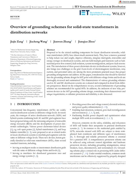 Iet Generation Trans Dist 2021 Zang Overview Of Grounding Schemes For Solid State