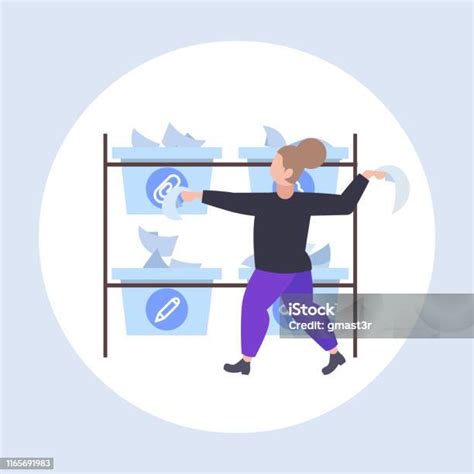 여성 우체부 다른 바구니에 종이 편지를 넣어 우편 배달 서비스 개념 평면 전체 길이 개념에 대한 스톡 벡터 아트 및 기타 이미지 개념 다양 만화 Istock