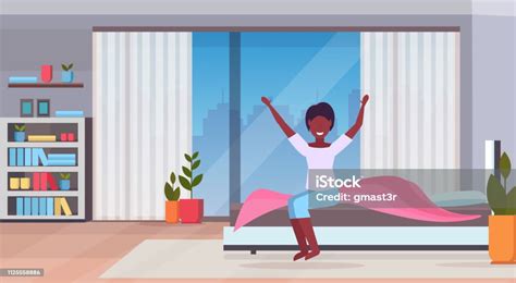 여자 편평한 수평 만족 개념 현대 아파트 침실을 점점 후 침대에 앉아 아침 아프리카계 미국인 여자에 깨어난 팔 스트레칭 검은색에 대한 스톡 벡터 아트 및 기타 이미지
