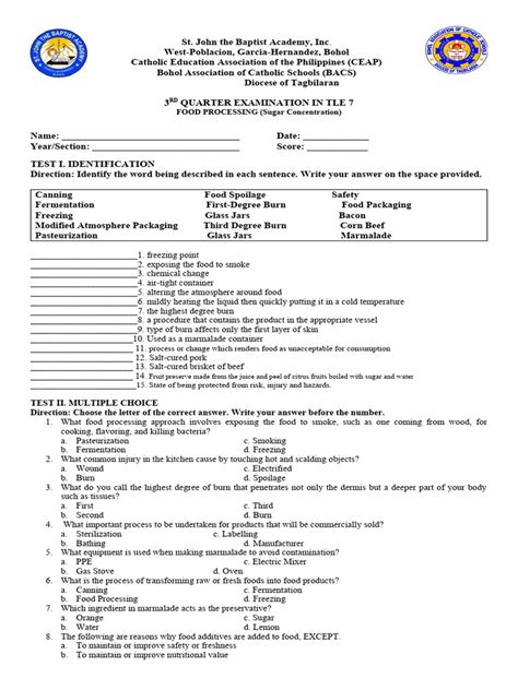 3rd Quarter Exam In Tle 7 Food Processing Pdf