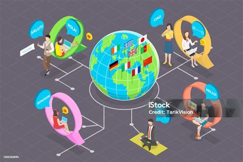국제 커뮤니케이션의 3d 이소메트릭 플랫 벡터 개념 적 일러스트 다국어에 대한 스톡 벡터 아트 및 기타 이미지 다국어 소셜 네트워킹 원주민 Istock
