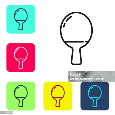 흰색 배경에 격리 된 탁구 아이콘을 재생하기위한 검은 색 라인 라켓 색상 정사각형 버튼으로 아이콘을 설정합니다 벡터