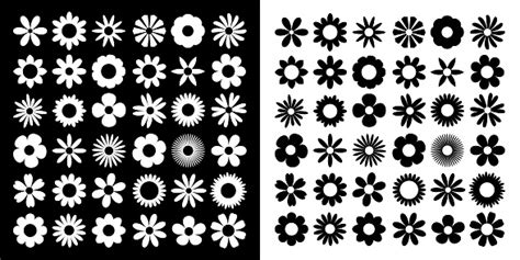 데이지 카모마일 세트 카모마일 실루엣 모양 아이콘 귀여운 둥근 꽃 식물 자연 컬렉션 사랑의 상징 성장하는 개념 장식 요소 플랫 디자인 격리 블랙 화이트 배경 0명에 대한