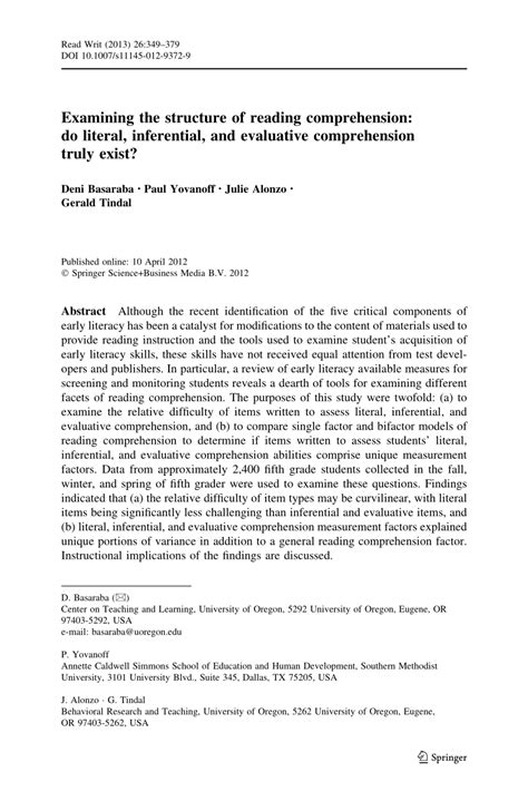 Pdf Examining The Structure Of Reading Comprehension Do Literal Inferential And Evaluative