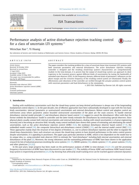 Pdf Performance Analysis Of Active Disturbance Rejection Tracking