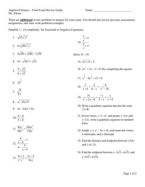 Algebra Ii Honors Final Exam Review Guide