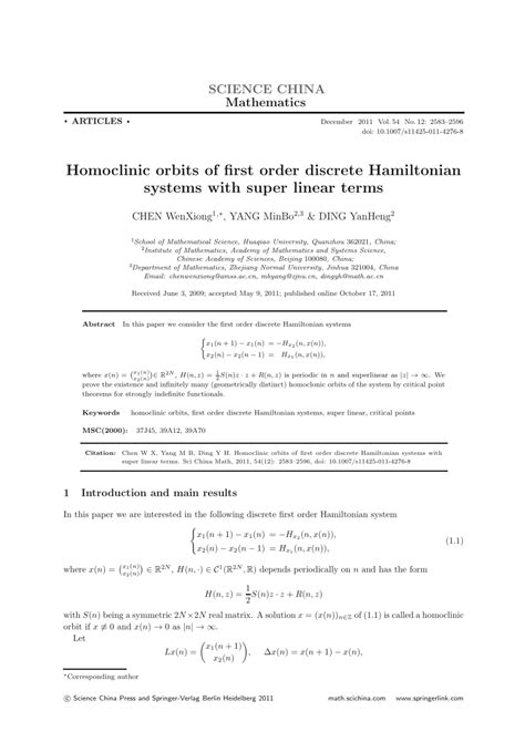 Pdf Homoclinic Orbits Of First Order Discrete Hamiltonian Systems With Super Linear Terms