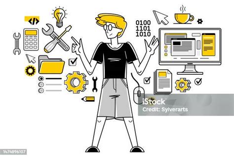 기술자 컴퓨터 엔지니어는 Pc 벡터 개요 그림을 수리하고 소프트웨어 및 하드웨어로 시스템 작업을 수정하며 시스템 관리자입니다 Cpu에 대한 스톡 벡터 아트 및 기타 이미지