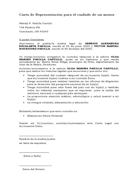 Carta De Representación Para El Cuidado De Un Menor Pdf