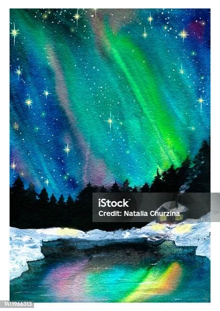 겨울 풍경 하늘의 북극광 숲과 눈 속의 호수 옆의 오두막 수채화 그림 포스터 엽서 스티커 그림 책 표지의 디자인과 장식을 위해 알래스카에 대한 스톡 벡터 아트 및 기타