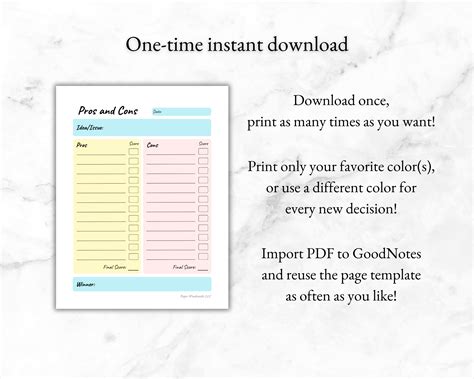 Printable Pros And Cons List Template Instant Download Productivity Planner Page And Goodnotes