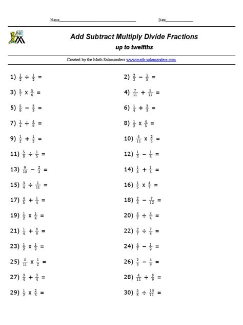 Add Subtract Multiply Divide Fractions Randomly Generated Pdf Arithmetic Mathematics