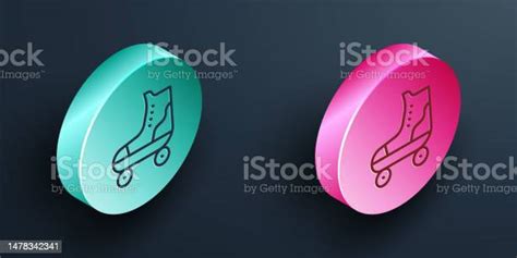 아이소메트릭 라인 롤러 스케이트 아이콘은 검은색 배경에 격리되어 있습니다 청록색과 핑크색 원형 버튼 벡터 3차원 형태에 대한 스톡 벡터 아트 및 기타 이미지 Istock