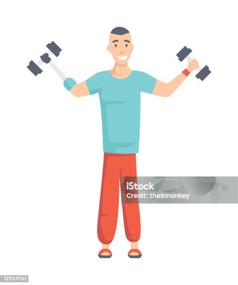 팔 보철을 가진 운동 선수는 아령을 들어 올립니다 활성 수족 남자 훈련 절단 된 사지 재활 회복 운동을가진 장애인 캐릭터 만화 플랫 벡터 일러스트 건강관리와 의술에 대한