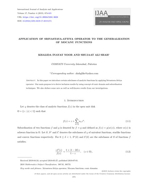 Pdf Application Of Srivastava Attiya Operator To The Generalization Of Mocanu Functions