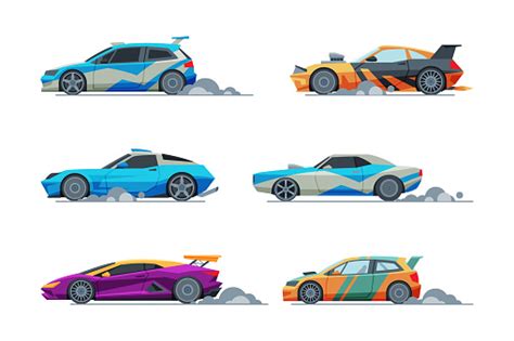 경마장 벡터 세트를 따라 고속으로 운전하는 경주용 자동차 개념에 대한 스톡 벡터 아트 및 기타 이미지 개념 개체 그룹