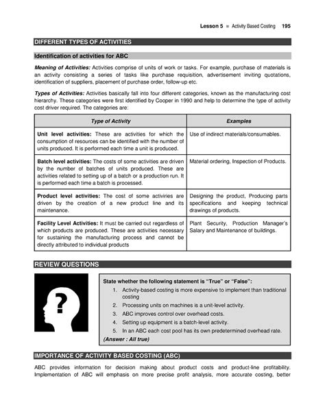 Cost Accounting Importance Of Activity Based Costing Lesson 5 Activity Based Costing 195