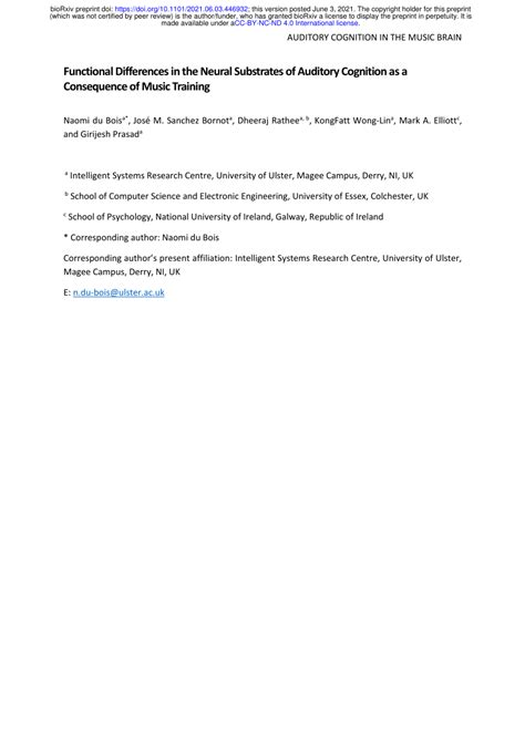 Pdf Functional Differences In The Neural Substrates Of Auditory Cognition As A Consequence Of