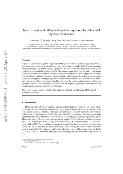 Pdf Index Reduction Of Differential Algebraic Equations By