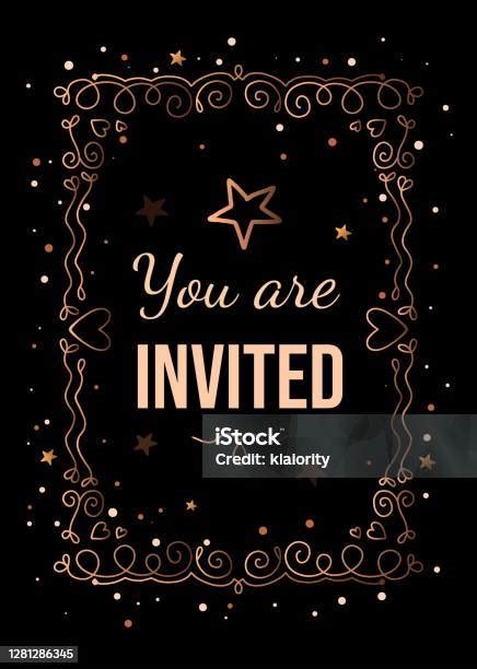 벡터 샤인 템플릿 일러스트와 황금 곱슬 곱슬 프레임과 하트와 별검은 배경에 초대 단어 0명에 대한 스톡 벡터 아트 및 기타