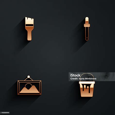 페인트 브러시 스포이드 색상 선택기 팔레트 그림 풍경 및 긴 그림자가 있는 버킷 아이콘을 설정합니다 벡터 그림자에 대한 스톡