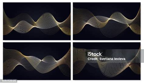 3d 물결 모양의 금색 선이 어두운 배경에 휩쓸립니다 럭셔리한 아름다움은 얇은 곡선 시냇물 흐름 패턴으로 소용돌이칩니다 실크 섬유 또는 Fablic 반짝이는 장식과 같은