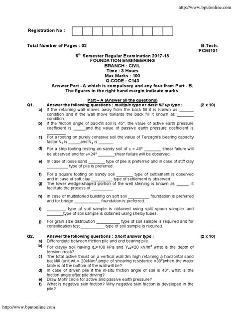 Btech Civil 6 Sem Foundation Engineering Pci6i101 2018 Pdf Deep