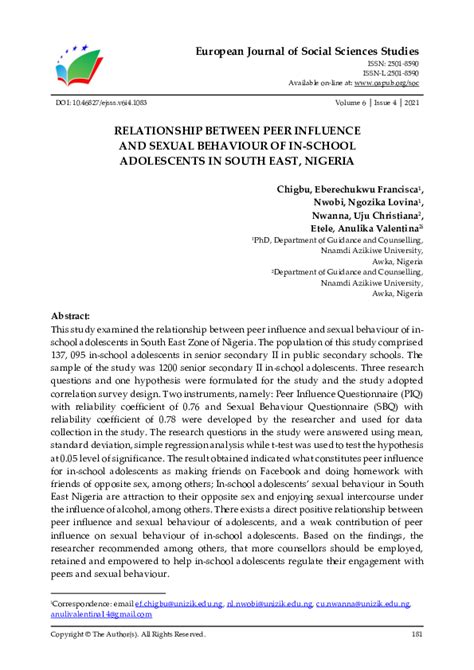 Pdf Relationship Between Peer Influence And Sexual Behaviour Of In School Adolescents In South