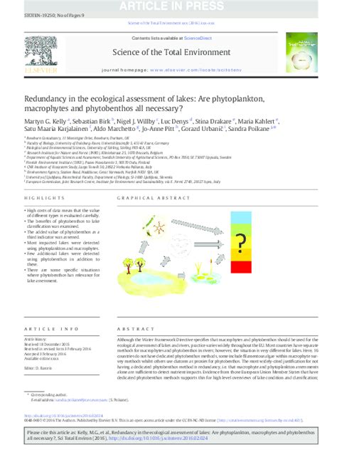 Pdf Redundancy In The Ecological Assessment Of Lakes Are Phytoplankton Macrophytes And