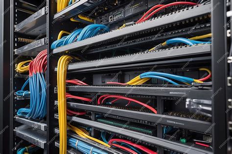 Network Switch And Ethernet Cables In Rack Cabinet Premium Ai Generated Image