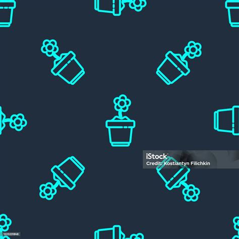 녹색 선 냄비 아이콘에 꽃 파란색 배경에 분리 된 원활한 패턴 냄비에 자라는 식물 화분에 심은 식물 표지판 벡터 일러스트레이션 0명에 대한 스톡 벡터 아트 및 기타 이미지