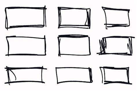 손으로 그린 사각형 프레임 라인 와 그런지 가장자리 와 고립된 통하고 있는 백색 배경 만화 잉크 사각형 모음은 텍스트를 선택하기 위한 것입니다 필기에 대한 스톡 벡터 아트