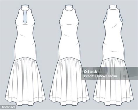 터틀넥 맥시 드레스 테크니컬 패션 일러스트레이션 저지 드레스 섬유 바닥 패션 플랫 기술 도면 템플릿 슬림 핏 컷 아웃 앞면과 뒷면보기 화이트 여성 Cad 모형 세트 0명에