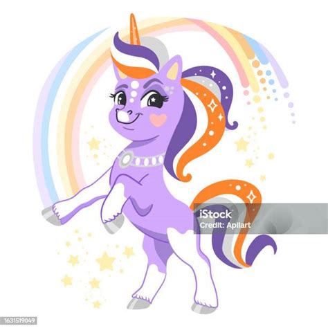 귀여운 만화 캐릭터 행복한 유니콘 벡터 일러스트레이션 16 갈기에 대한 스톡 벡터 아트 및 기타 이미지 갈기 귀여운 꽃
