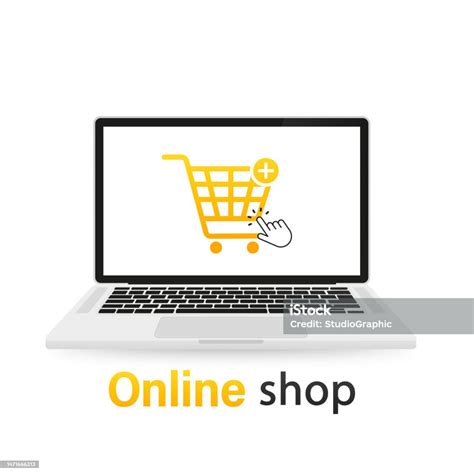 온라인 쇼핑 및 온라인 상점 개념입니다 화면 구매가 가능한 노트북 앱을 사용한 전자 상거래 집에서 구매 마케팅 및 프로모션 전자 상거래에 대 한 배너입니다 벡터 그림