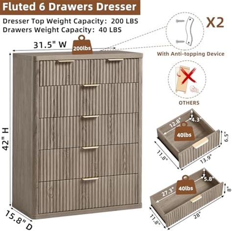Leyaoyao Fluted 6 Drawers Dresser For Bedroom 42 Tall