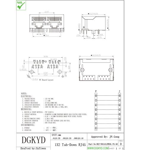 10 100 1000 Base Tx 1x2 Double Port Rj45 Ethernet Connector Without Transformer